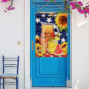 Dyrenson Watermelon Flower Memorial Day 28x40 House Flag Summer Double Sided, Sunflower Mason Jar Burlap Garden Yard Decoration Patriotic Star, Floral Outdoor Décor Decorative Spring Large Flag Lemon