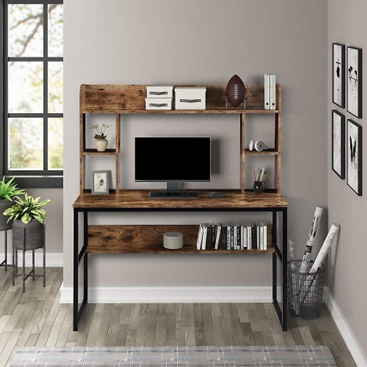 Home Office Desk, 47 inch Modern Simple Style Laptop Table, Multipurpose PC Workstation, Computer Desk with Hutch and Bookshelf