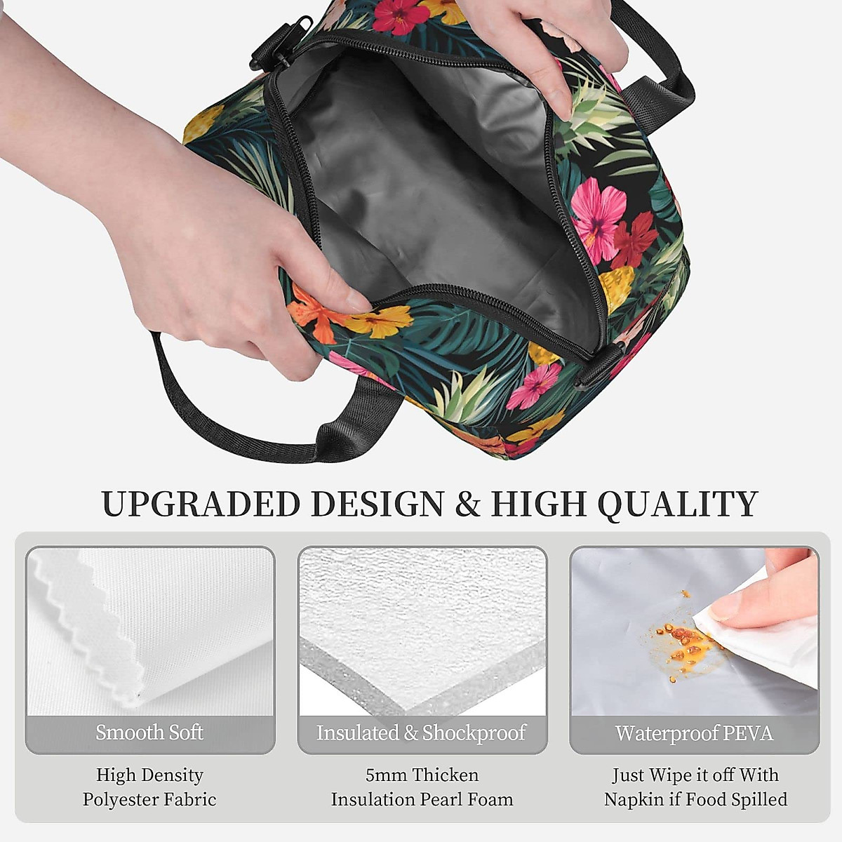 Palm Leaves Hibiscus Flowers Lunch Bag Tropical Pineapples Fruit Reusable Insulated Lunch Tote Bag Lunchbox Container With Adjustable Shoulder Strap For Office Work School Picnic Travel