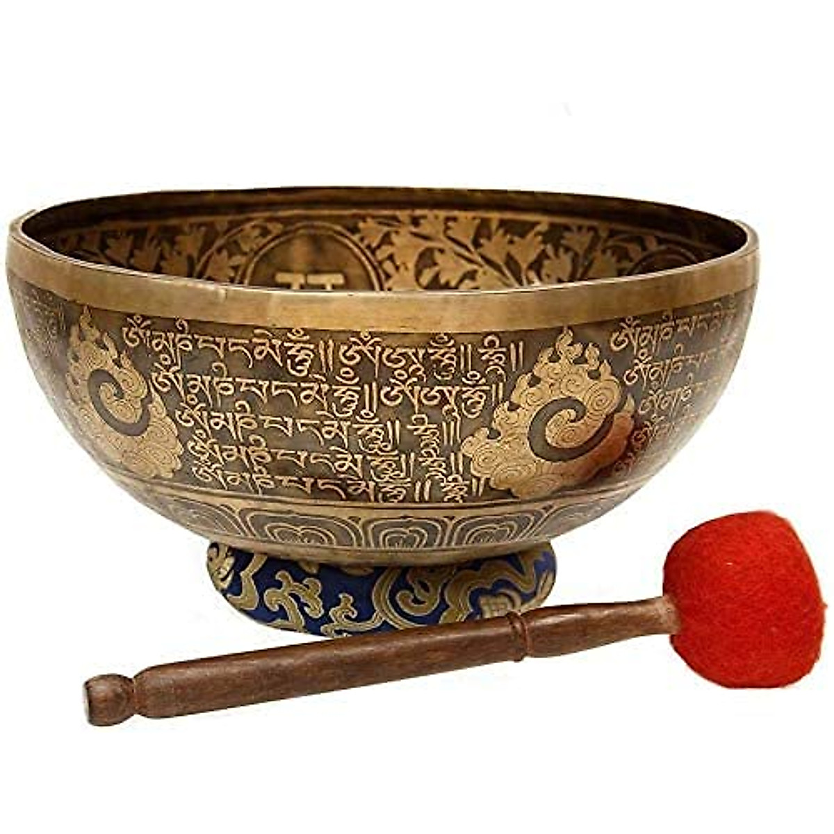 NHH 12 Inches Healing Mantra Carved Meditation Tibetan Singing Bowl, Hand Hammered Singing Bowls with Cushion & Mallet Striker
