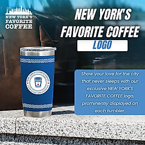 New York's Favorite Coffee New York Greek Anthora Style 20oz Blue Coffee Tumbler with Mag Lid - Logo - Spill-Proof Travel Mug with Clear Mag Lid