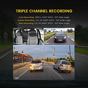 3 Channel Dash Cam, Zenfox 2K 1440P Front+1080P Interior+1080P Rear Triple Dash Camera, Dual-Band WiFi, IR Night Vision, Built-in GPS, Parking Mode, Motion Detection, G-Sensor, Support 256GB Card