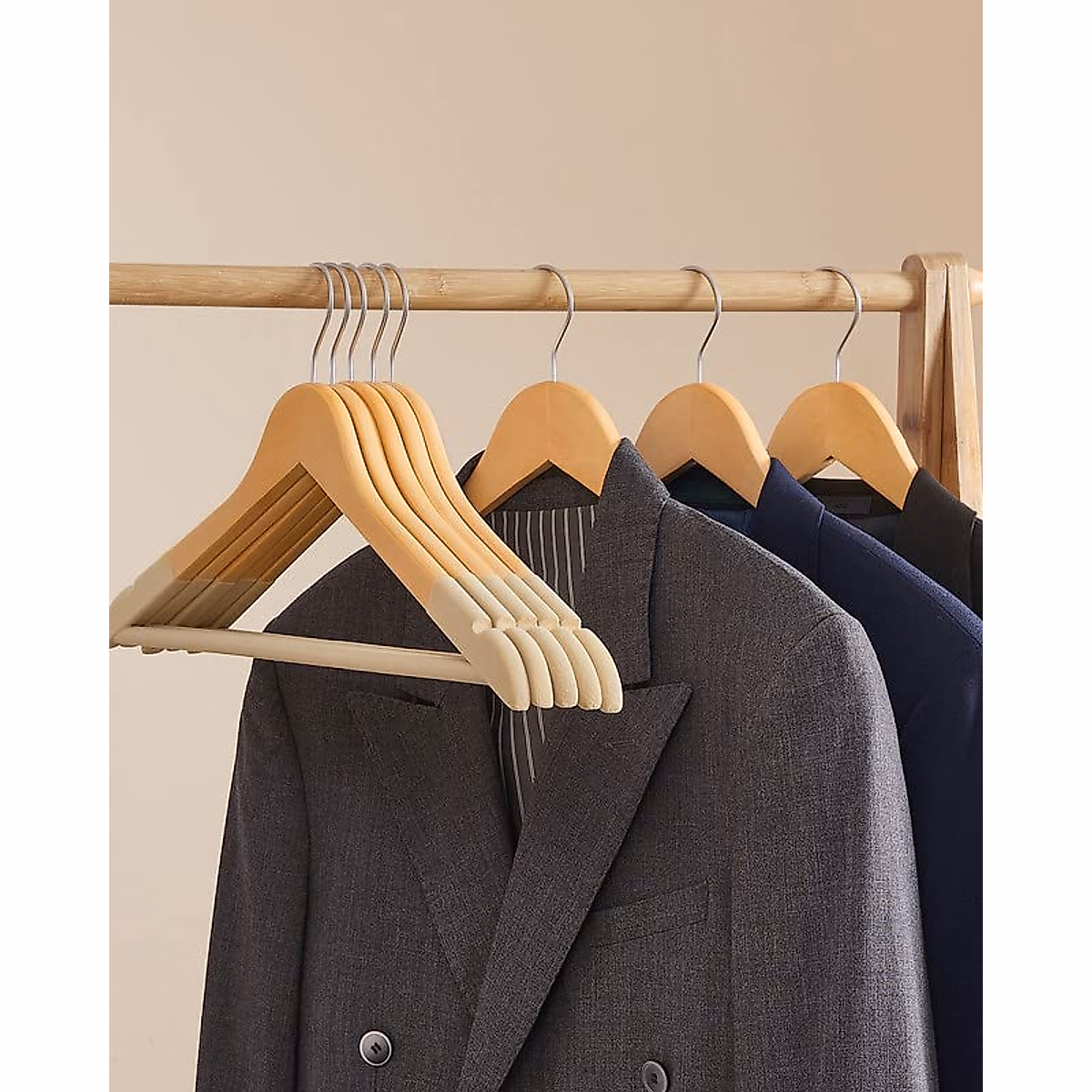 SONGMICS Velvet Wooden Hangers, Set of 20 Wooden Hangers with Velvet Surface, Non-Slip Coat Hangers with Shoulder Grooves, Pants Bar, 360° Swivel Hook, for Jackets Shirts, Natural UCRW012N02