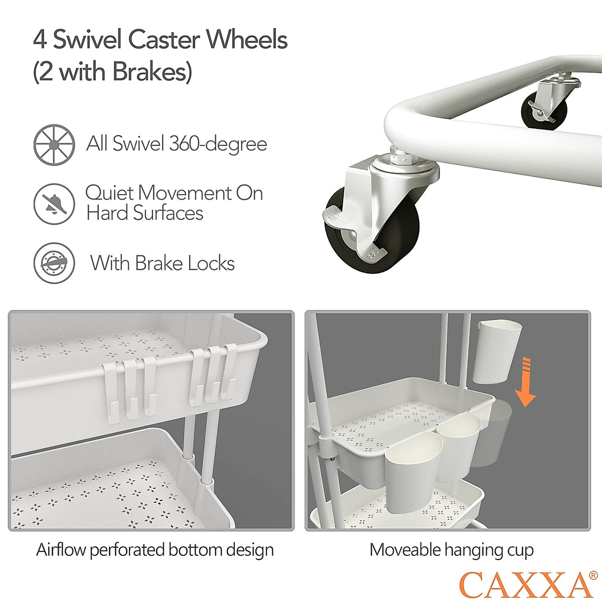 CAXXA 3-Tier Rolling Storage Organizer with 3 Small Baskets - Mobile Utility Cart with Caster Wheels (White)