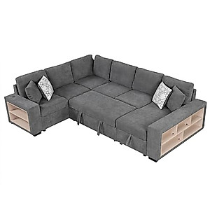 Acosure 109" U-shaped Sectional Pull-out Sofa Bed with Storage Chaise,2-in-1 Convertible Couch W/ 4 Back Pillows & 2 USB Ports,Luxurious Sleeper Furniture Set for Living Room Large Space,Grey Chenille