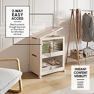 3 Pack Stackable Storage Bins with Lids 8.8 GAL - Collapsible Storage Bins Open Front & Top Home Office Closet Storage Organization, Foldable Plastic Clothes Storage Cabinet 360° Wheels, White 35 QT