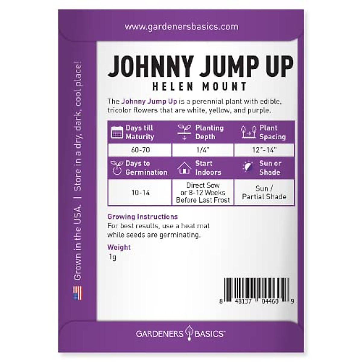 Violet, Johnny Jump Up Flower Seeds for Planting - Flower Seed Packet Annual Flower Open Pollinated, Non-GMO Variety- 1 Gram Seeds Great for Summer Seeds for Flower Gardens by Gardeners Basics