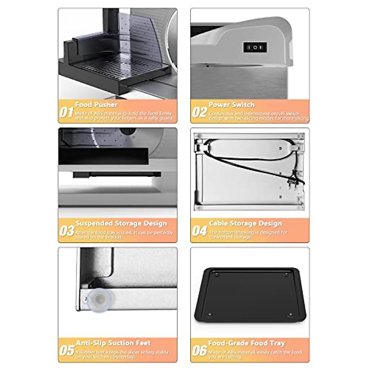 OSTBA Die-Cast Electric Deli Food Slicer with Two Removable Stainless Steel Blades,0-23mm Adjustable Thickness Meat Slicer for Home, Food Slicer Machine with Food Tray,160W