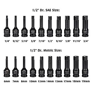 MIXPOWER 1/2" Drive Master Impact Hex Bit Set, Hex Driver, 20-Piece 1/2" Drive Allen Bit Socket Set, SAE/Metric, 1/4" - 3/4", 6-19mm, Cr-Mo Steel, Impact Grade