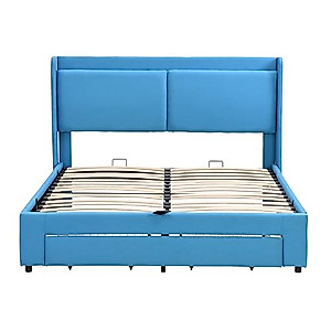BOVZA Queen Size Lift up Storage Upholstered Platform Bed with 2 Drawers, Modern Wingback Headboard, Hydraulic Storage Bed Frame, Linen Blue