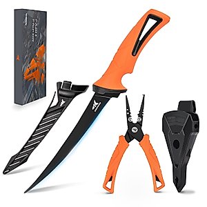 KastKing 7-inch Fishing Pliers and Filet Knife with Molded Sheath, 420 Stainless Steel Fishing Pliers, G4116 Corrosion Resistant Fillet Knife, 7'' Split Ring Plier and 7'' Fillet Knife, Orange