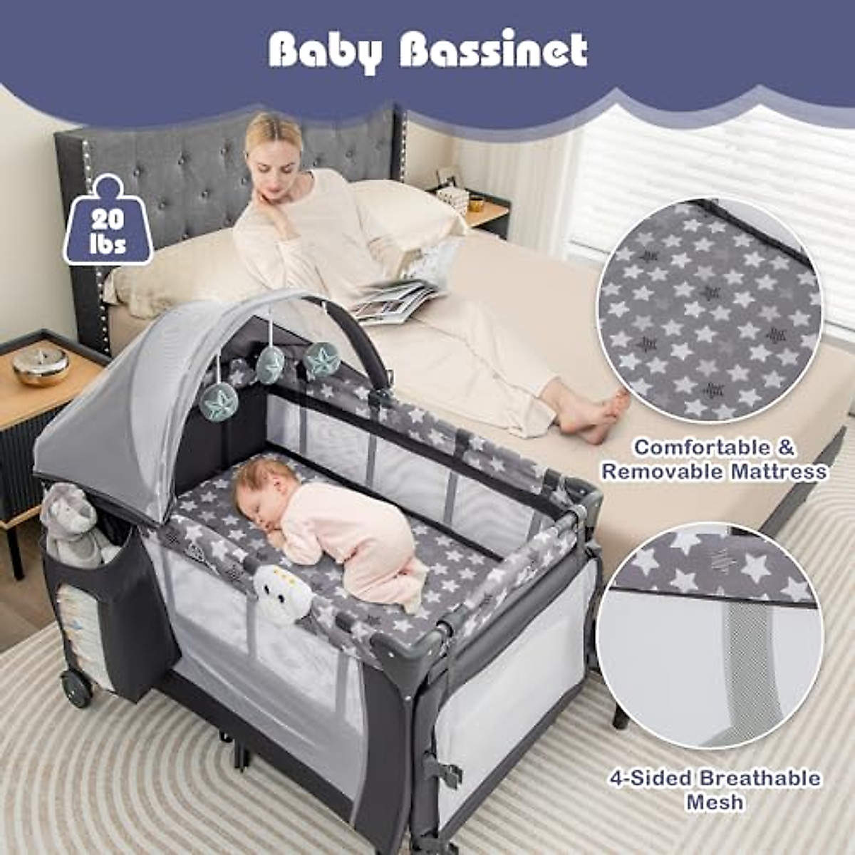 HONEY JOY Pack and Play with Bassinet, 4-in-1 Portable Baby Playard with Changing Table, Net & Cute Toys, Diaper Storage Bag, Music Box, Wheels with Brake, Foldable Newborn Play Yard w/Carry Bag