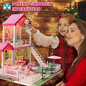 Mini Tudou Dollhouse for Girls, Doll House with Lights, Play Mat and Dolls, DIY Building Pretend Play House with Accessories Furniture and Household Items,Playhouse for Girls 3-12 (3 Rooms)