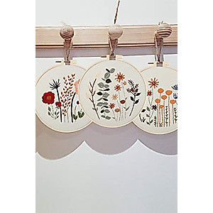Uphome 3 Pack Embroidery Starter Kit for Beginners Stamped Cross Stitch Kits with Cute Flowers and Plants Patterns with 1 Embroidery Hoop and Color Threads for Adults Kids