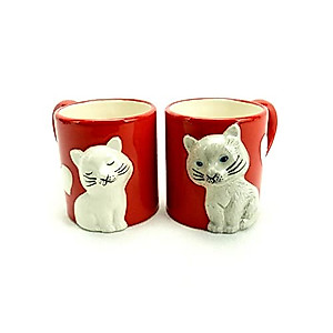 TDL Kissing Cat Mugs, Cute Matching Coffee Mugs, 3-Finger Loop Handles for Easy Handling, Ceramic Cups, Dishwasher Safe - Set of 2, Red, 3 1/4'' diameter (5 1/2'' edge to handle) x 3 1/2''H
