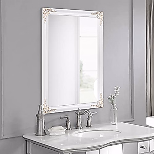 24x36 Inches White Wall Mirror, Wood Framed Rectangle Bathroom Mirror, Vintage Baroque Wall Mirror for Bedroom Bathroom and Living Room