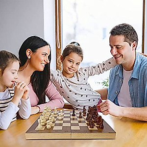 Juegoal 17" Wooden Chess & Checkers Set, 2 in 1 Board Games for Kids and Adults, with Felted Game Board Interior for Storage, Travel Portable Folding Chess Game Sets, 2 Extra Queen, 24 Checkers Pieces