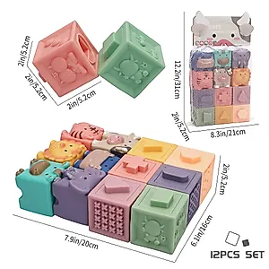 QLOTS Baby Blocks, Baby Toys 12PCS Soft Stacking Building Blocks Infant Bath Toys for Toddler 12 Month 1 2 Years Old Boys&Girls Gift Safe Teething Squeeze Sensory Toys with Suction Cup Storage Bag