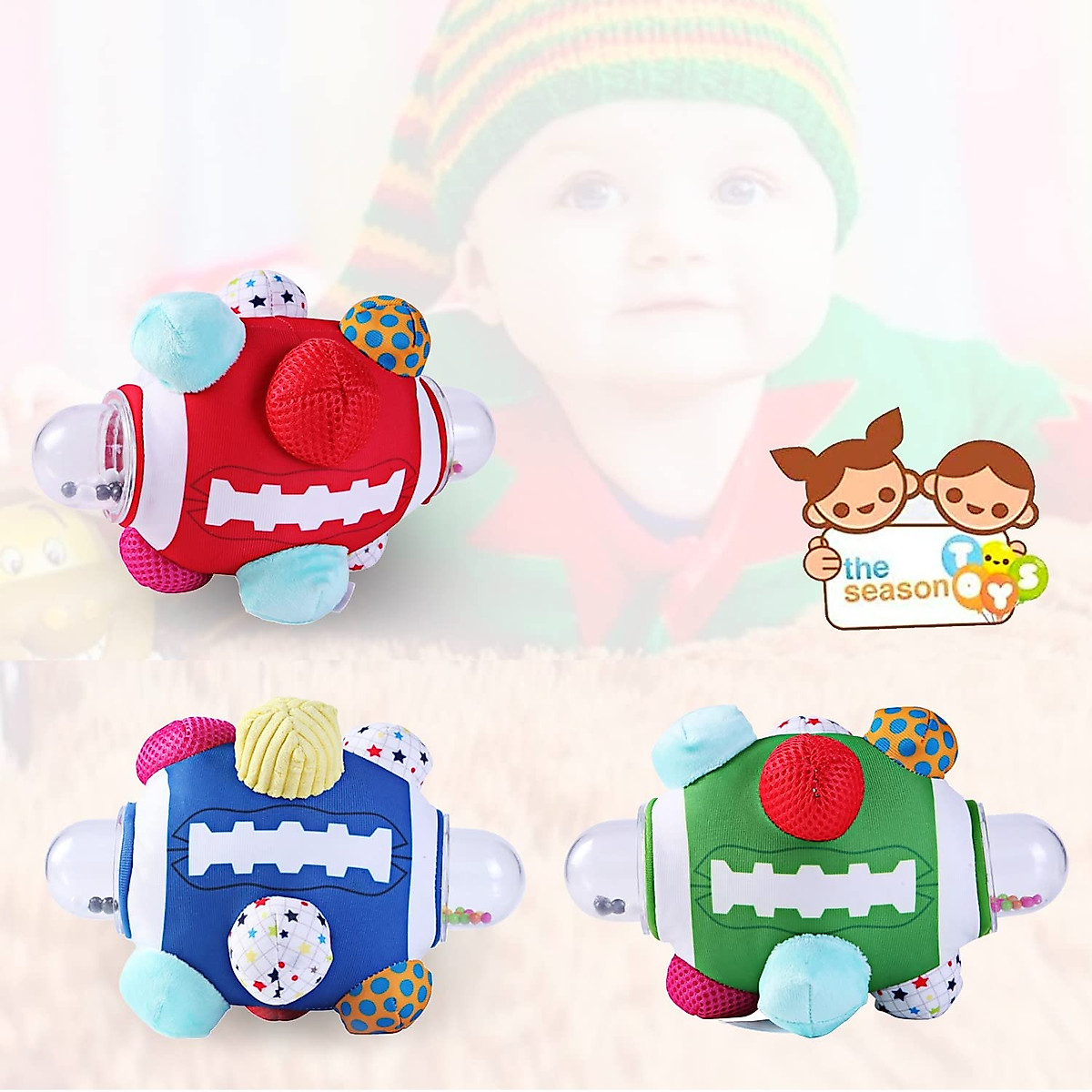 The Season Toys Football Bumpy Ball for Baby Cognitive Developmental, Baby Boys & Girls – Newborn to 36 Months Sensory Football Rattle Toy, Red