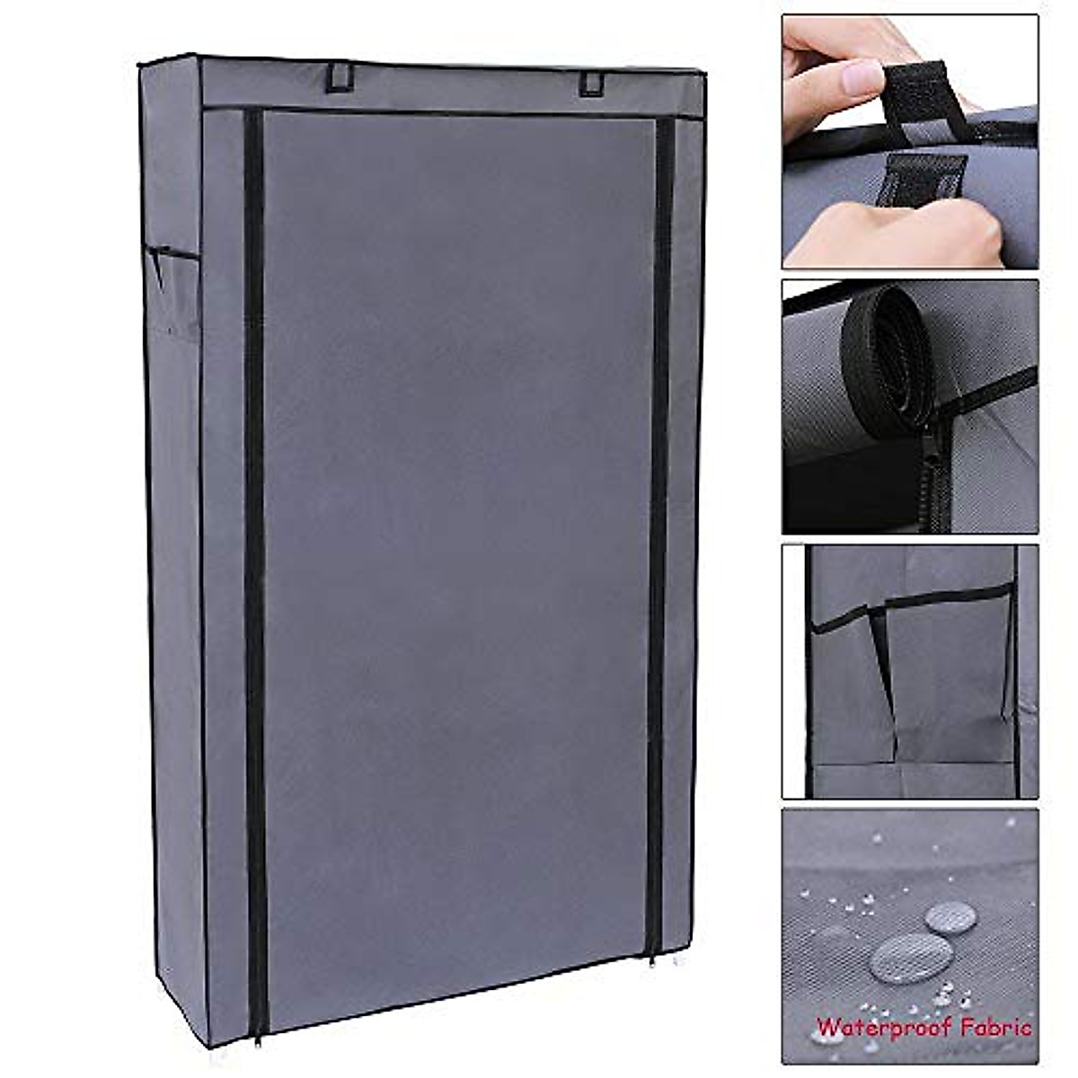 Kepooman 10 Tiers Shoe Rack with Dustproof Cover Closet Shelf Shoe Storage Cabinet Organizer,Side Pockets,Gray