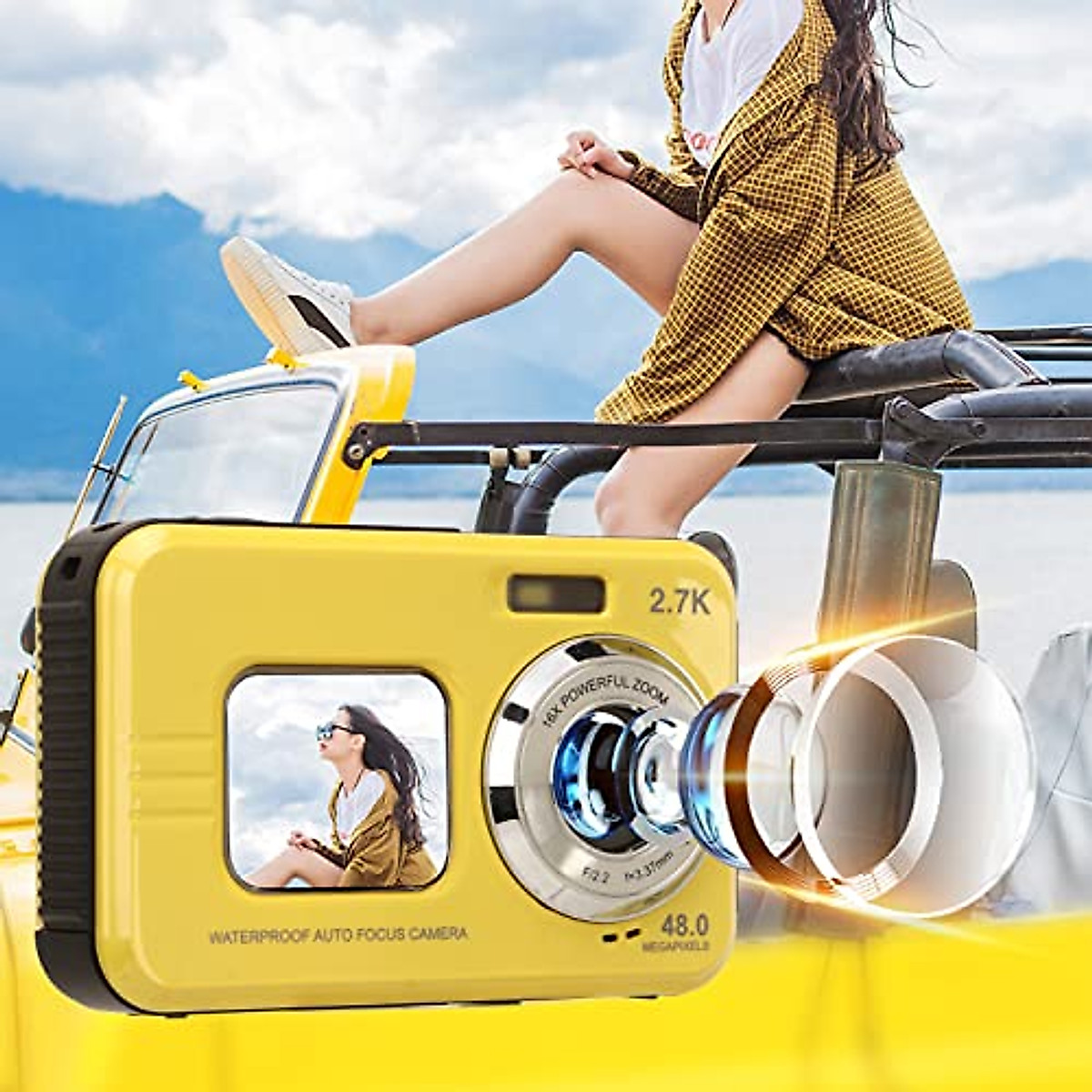 Digital Camera,2.7K HD Digital Camera 16X Zoom Smart 48MP Underwater Camera (Yellow)