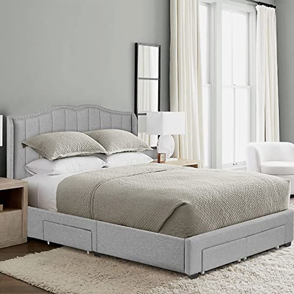 Capacmkseh Queen Platform Bed Frame with Headboard and 3 Storage Drawers on Wheels, Fabric Upholstered Headboard Beds Mattress Foundation with Wood Slat Support, No Box Spring Needed, Easy Assembly