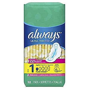 Always Ultra Thin Pads Size 1 Regular Absorbency Scented with Wings, 32 Count (Pack of 2), Packaging may vary