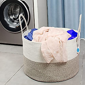 Casaphoria XXXLarge Cotton Rope Basket for Living Room - Woven Storage Basket with long Handle for Blankets, Towels and Pillows Laundry Hamper | Cream white and Brown (22" x 22" x 14")