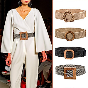 Geyoga 4 Pieces Straw Belts for Women Dresses Straw Woven Elastic Stretch Wide Waist Belt with Buckle Boho Braided Dress Belt