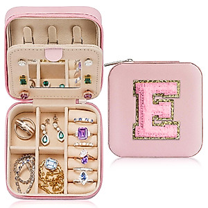 Parima Small Jewelry Box for Girls, Travel Must Have Jewelry Organizer Travel Case | Travel Gifts for Women Girls Jewelry Box | Graduation Gifts for Friends Female | Travel Essential - Letter E, Pink