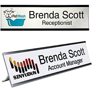 2" x 8" Personalized Aluminum Name Plates, Custom Office Desk or Wall Name Plates, Can Add Custom Logo Image and Texts, Two Name Plates Colors Silver, White, Holders are Optional (Custom Image+Text)