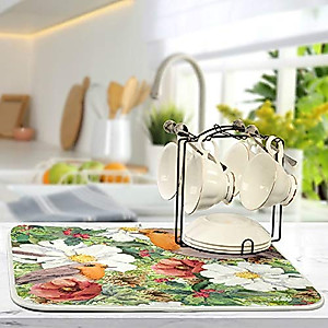 Flower Tree Bird Winter Art Dish Drying Mat 16"x18" Absorbent Machine Washable Hanging Fast Dry Pad Dish Protective Mat for Kitchen Countertop Heat Resistant Dinner Table Mat