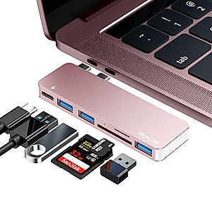 RayCue USB C Hub Adapter for MacBook Pro/Air M1 M2 M3 2023-2016, 6 in-1 USB-C Accessories Compatible with MacBook Pro 13″ and 15″ with 3 USB 3.0 Ports, TF/SD Card Reader, USB-C Power Delivery (Pink)