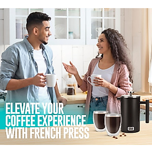 French Press Coffee Maker 34oz - set of 2 Double-Wall Insulate Glass 12oz - Tea Press Insulated Stainless Stainless French Press - 2 Extra Filters - Black Coffee Press