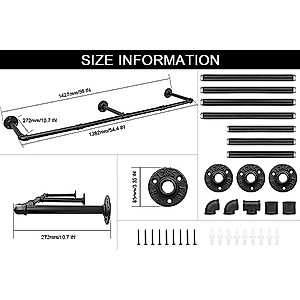 Livabber Industrial Pipe Clothes Rack, Heavy Duty Detachable Iron Garment Rack Wall Mounted, Rustic Saving Space Clothes Bar Multi-Purpose Hanging Rod for Bedroom, Closet, Black (50 Inch)