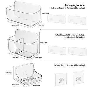 Ettori 3 Pack Shower Caddy,Soap Dish and Toothbrush Holder,Wall Mounted Rustproof Plastic Shower Storage for Inside Shower and Bathroom Shower Accessories-Clear