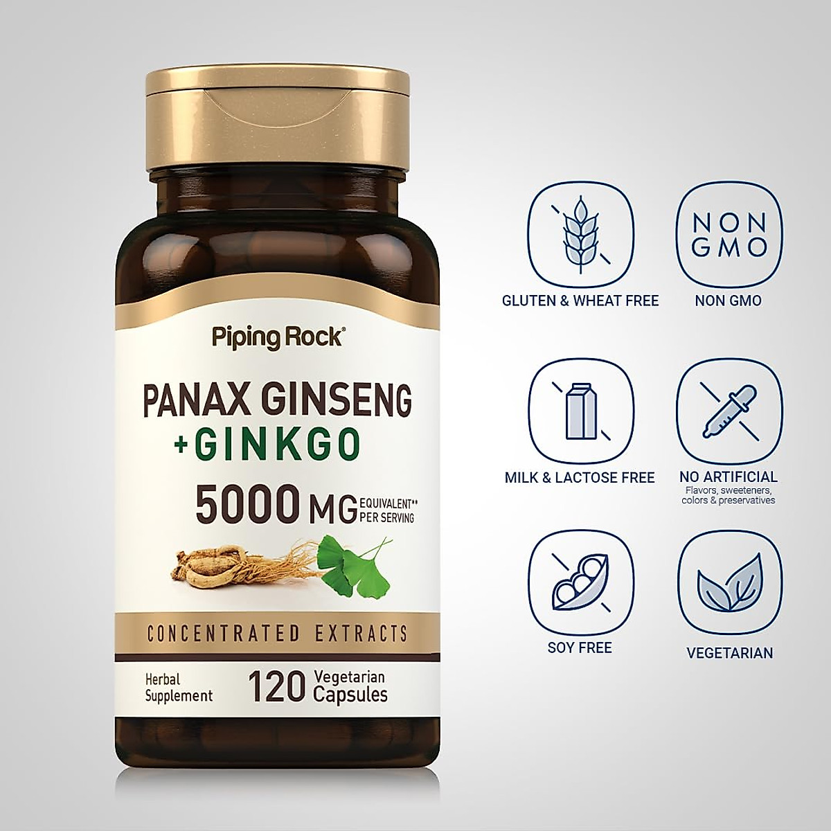Piping Rock Panax Ginseng Capsules | 5000 mg | 120 Count | with Ginkgo Biloba | Vegetarian, Non-GMO, and Gluten Free Supplement