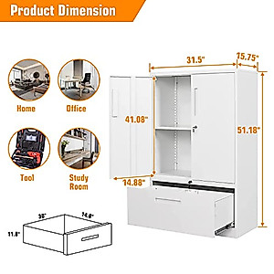 ZAOUS File Cabinet 1 Drawer, Metal File Cabinet with Lock, Lateral Filing Cabinet with Doors & Adjustable Shelves for Home Office, Living Room, Pantry, Gym, Basement, Warehouse, White