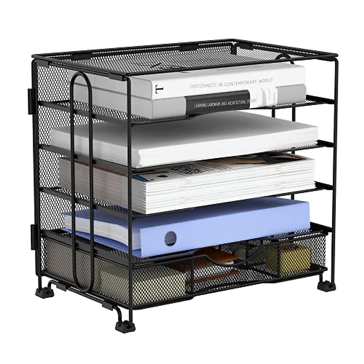 KEEGH Desk Paper Organizer File Tray, 5 Tier Desktop File Organizer Paper Storage Holder with Extra Drawer, Office Desk Organizers and Accessories for Letter/A4 | Screws Free Design