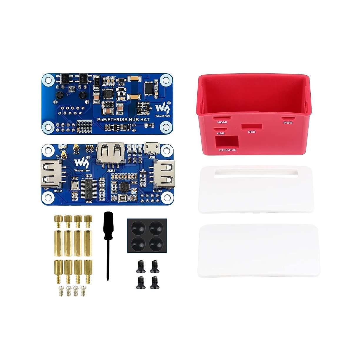 waveshare PoE Ethernet USB HUB HAT with Box ABX Case for Raspberry Pi Zero/Zero W/2 W/Zero WH/2 WH, with 1 RJ45 10/100M Ethernet Port, 3 USB Ports Compatible with USB2.0/1.1,802.3af-Compliant
