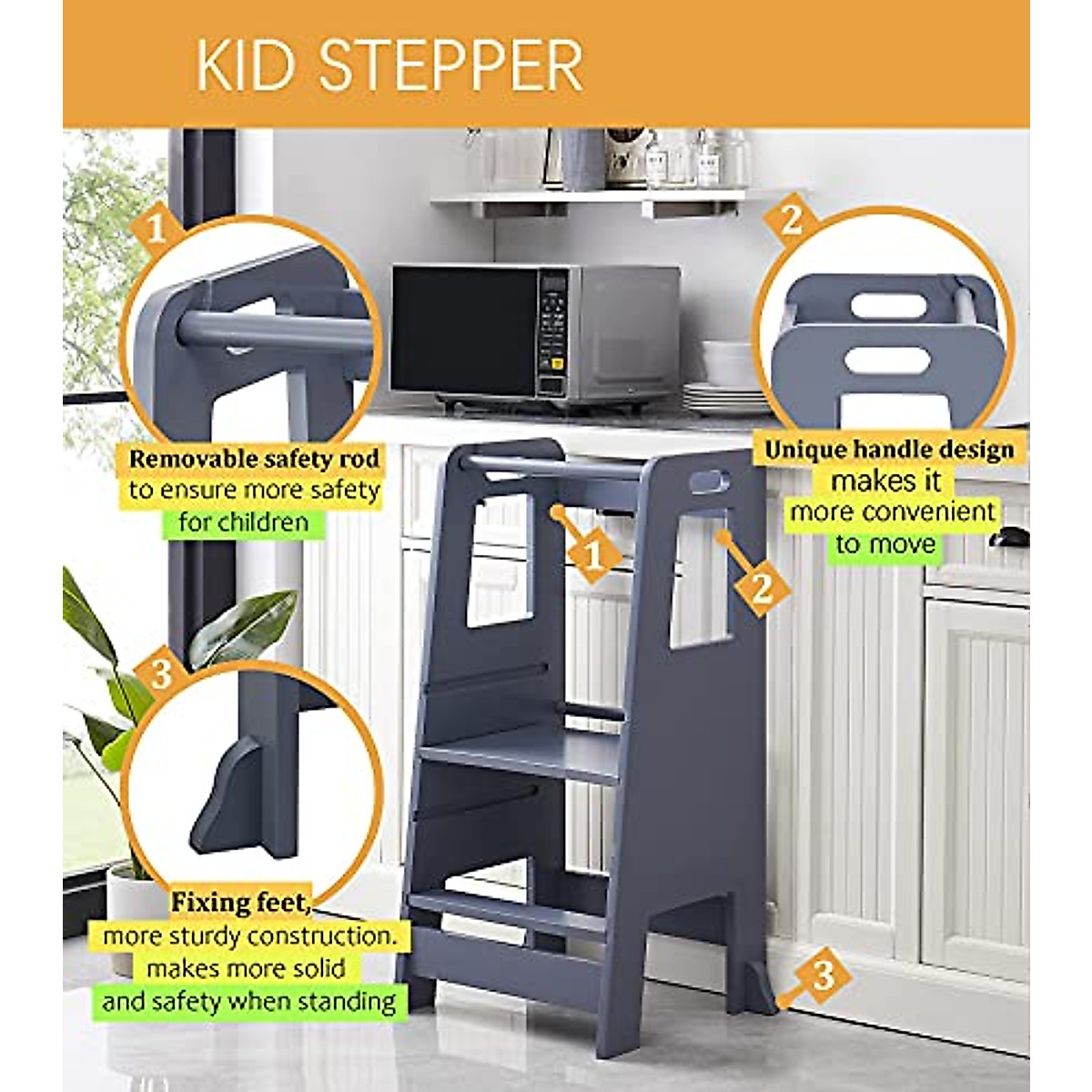 Kid's Wooden Kitchen Step Stool, Adjustable Platform Standing Tower, with Safety Guardrail Child Studying Tower, Toddler Stool for Bathroom, Cooking Helper（Grey）