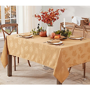 Newbridge Tremont Leaf Damask, Fabric Tablecloth, Swirling Leaves Damask, Print, Soil Resistant, Easy Care Tablecloth, 60 Inch x 144 Inch Rectangle, Gold