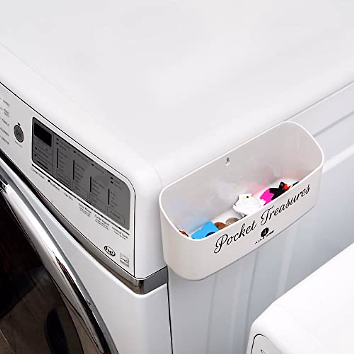 Lint Holder Bin with Magnetic Strip and Pocket Treasures Bin Magnetic Coin Holder (2 Piece Set) for Laundry Room Organization or Laundry Room Décor by A.J.A. & MORE (Light Grey)