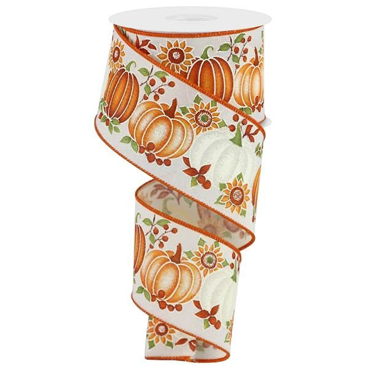 Pumpkins & Fall Sunflowers Wired Edge Ribbon - 2.5" x 10 Yards (Cream, Orange, Moss)
