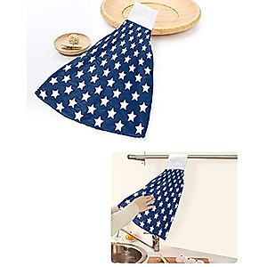 WARM TOUR 2Pcs Kitchen Hanging Towel Independence Day White Pentagram on Navy Blue,Absorbent Soft Hand Tie Towel with Loop USA Flag Stars,Tea Bar Dish Cloth Dry Towel for Bathroom