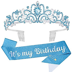BAHABY Birthday Crown for Women, It's My Birthday Sash & Rhinestone Tiara Set Princess Birthday Sash and Tiara for Women Birthday Decorations Rhinestone Headband for Women Girls- Blue
