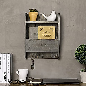 MyGift Wall Mounted Vintage Gray Solid Wood Entryway Key and Mail Organizer Holder and Display Shelf with 3 Hooks