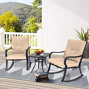 SOLAURA 3-Piece Outdoor Rocking Chairs Bistro Set, Black Iron Patio Furniture with Brown Thickened Cushion & Glass-Top Coffee Table