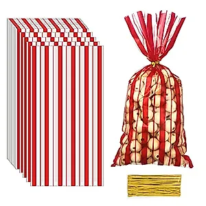 TOSPARTY 150 PCS Clear Plastic Cellophane Treat Bags Red and White Stripe Printed Clear Circus Carnival Party Cookie Candy Goody Bags for Birthday Carnival Party Cookie Candy Treat Favor