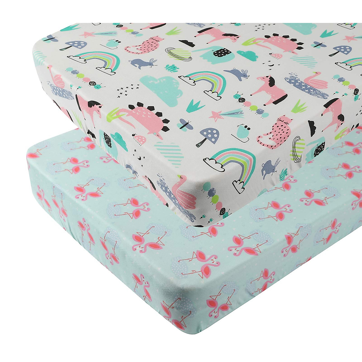 Tontukatu Stretchy Fitted Crib Sheets Set 2 Pack Portable Crib Mattress Topper for Baby Girl Boy,Ultra Soft Jersey Knit,Full Standard Flamingo Elephant Horse Lt Green Pink